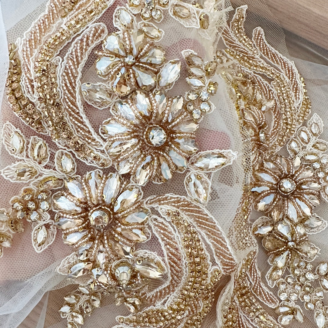Champagne Gold Phoenix Rhinestone Applique Pair Crystal Beaded Bridal ...