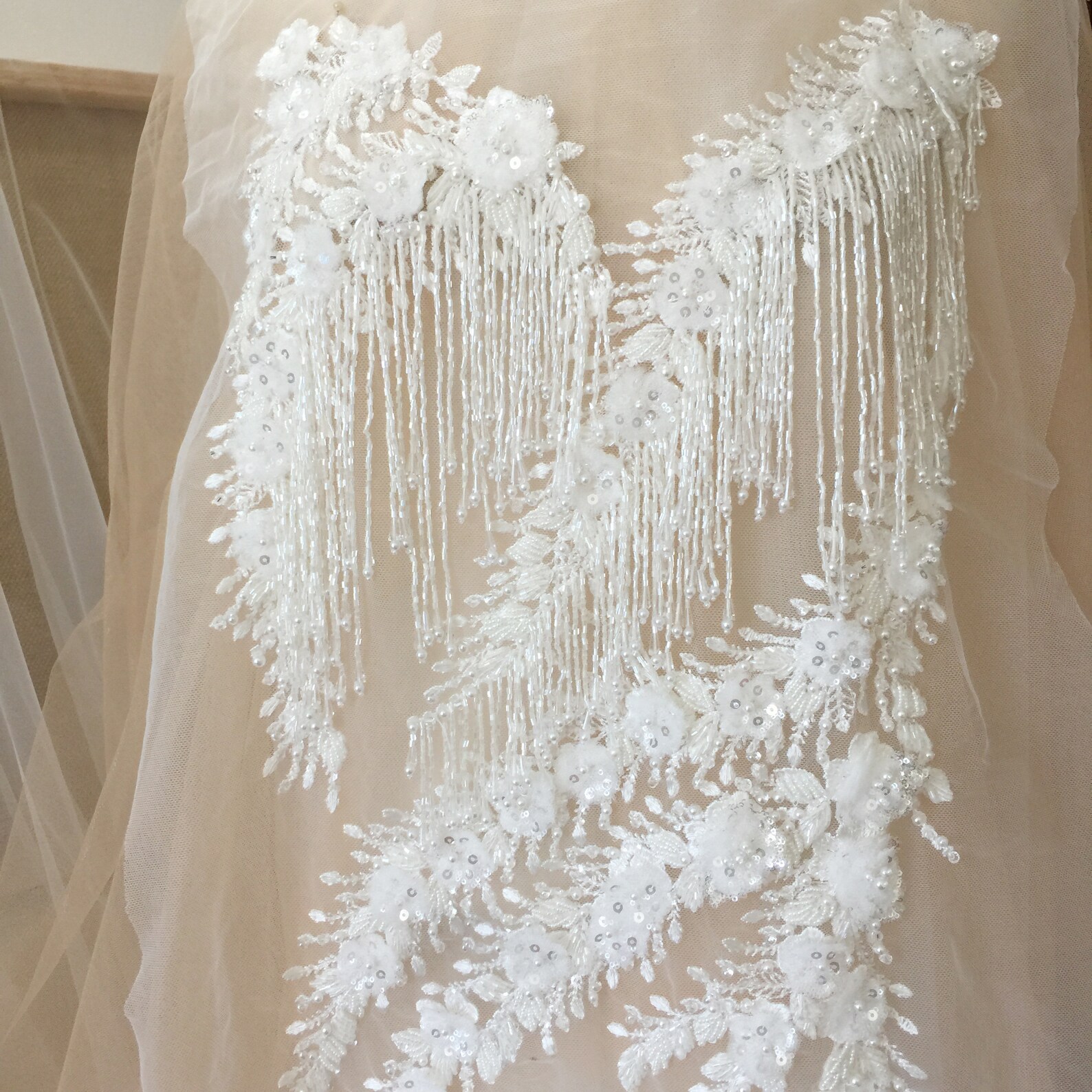 3D flower hand beaded dress bodice panel Beautiful fringe | Etsy