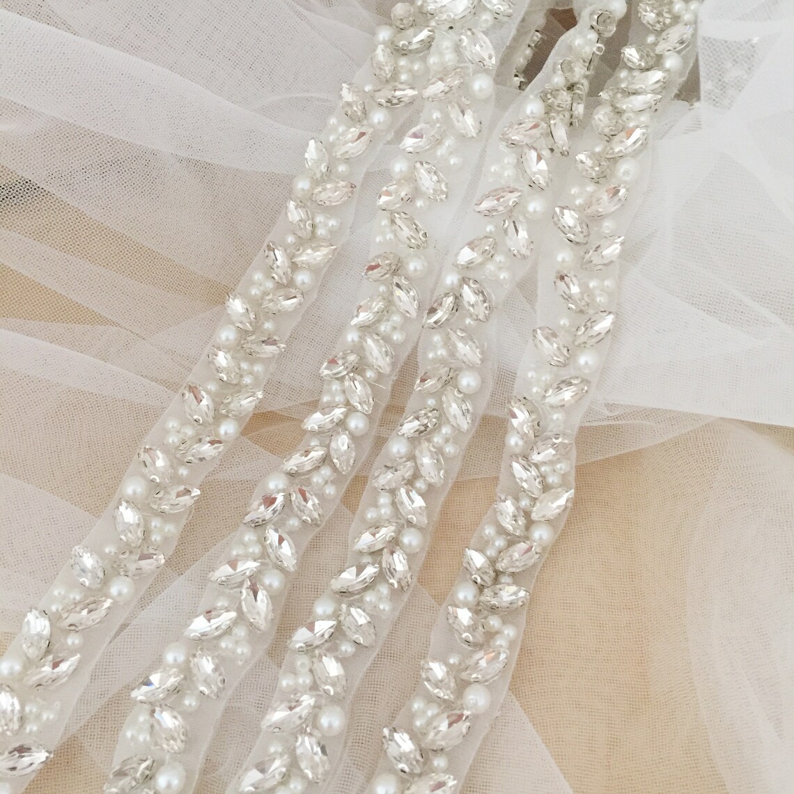 Slim and Thin Rhinestone Pearl Beaded Lace Trim for Bridal - Etsy