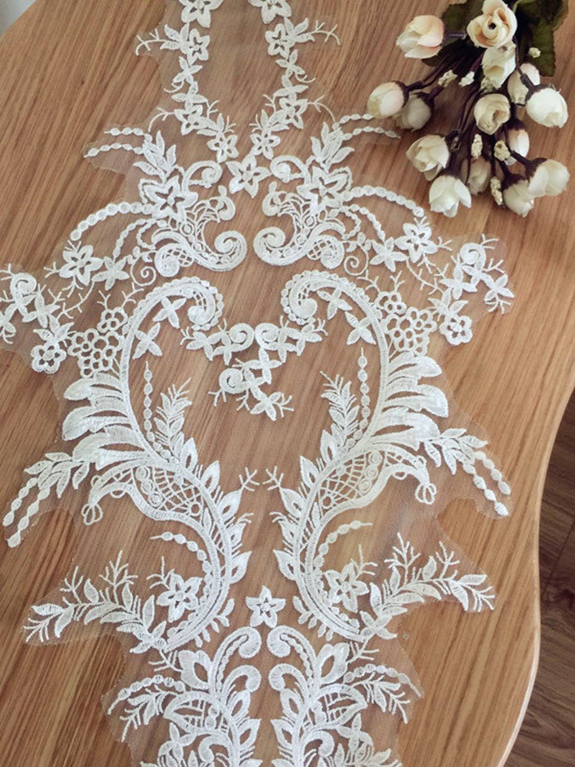 Ivory Floral Embroidery Lace Applique: Bridal Gown Embellishment ...