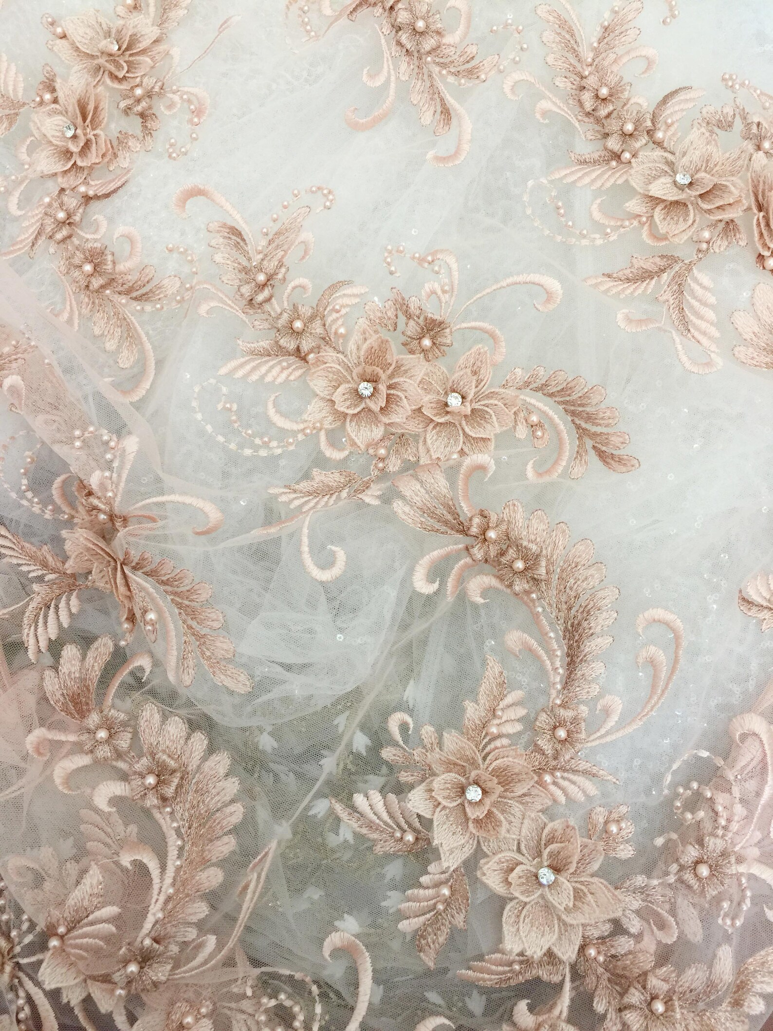 Lux 3D Strass Perle Fleur Broderie Florale Tissu en pêche Rose - Etsy ...
