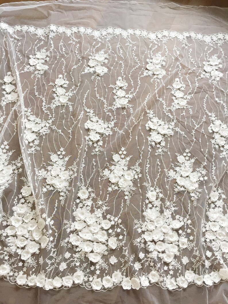 Ivory 3D Flower Lace Fabric, Beaded Embroidered French Lace - Etsy
