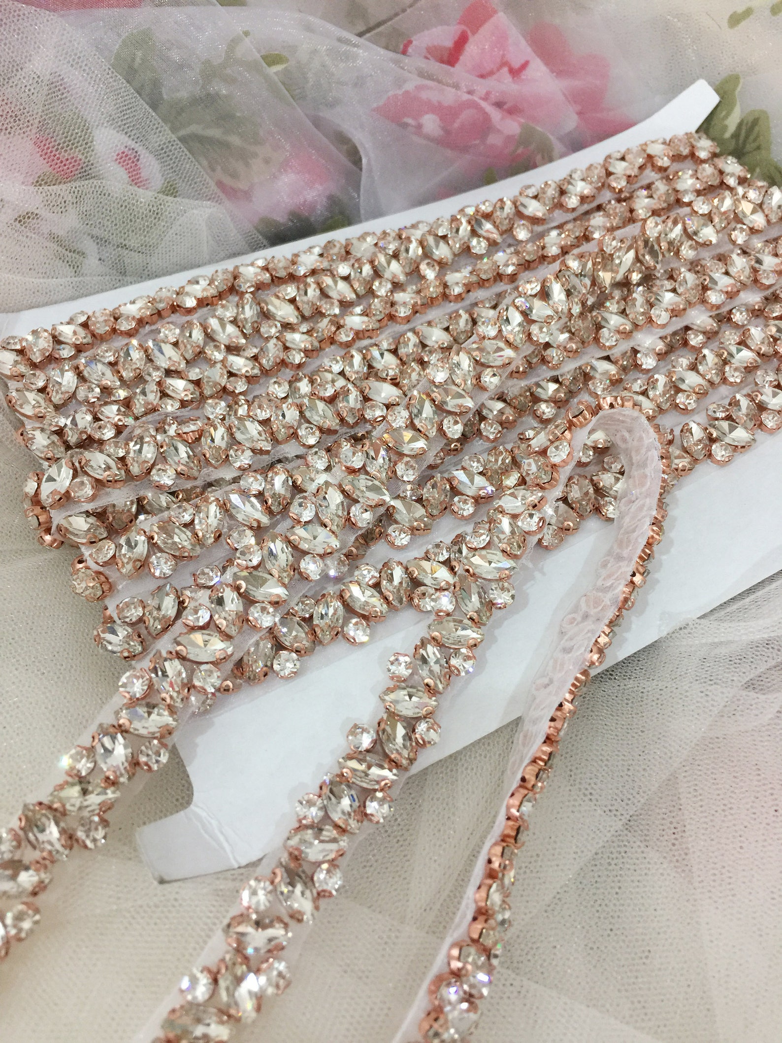 Rose Gold Thin Rhinestone and Crystal Beaded Lace Trim Wedding Belt ...
