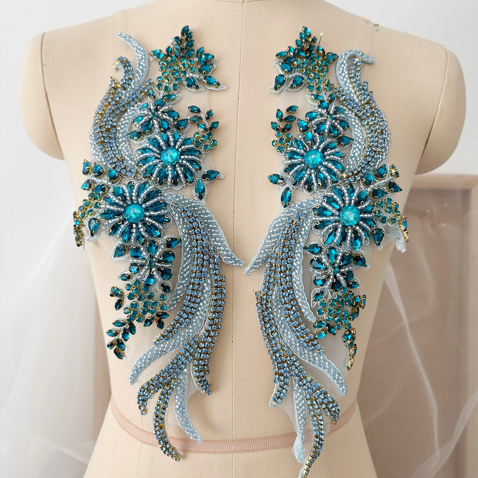 1 Pair Aqua Blue 3D Phoenix Rhinestone Applique Pair Crystal Beaded ...