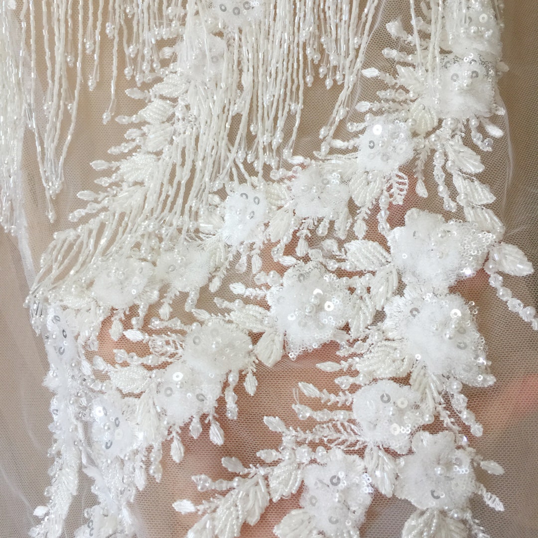 3D Flower Hand Beaded Dress Bodice Panel, Beautiful Fringe Lace Patch ...