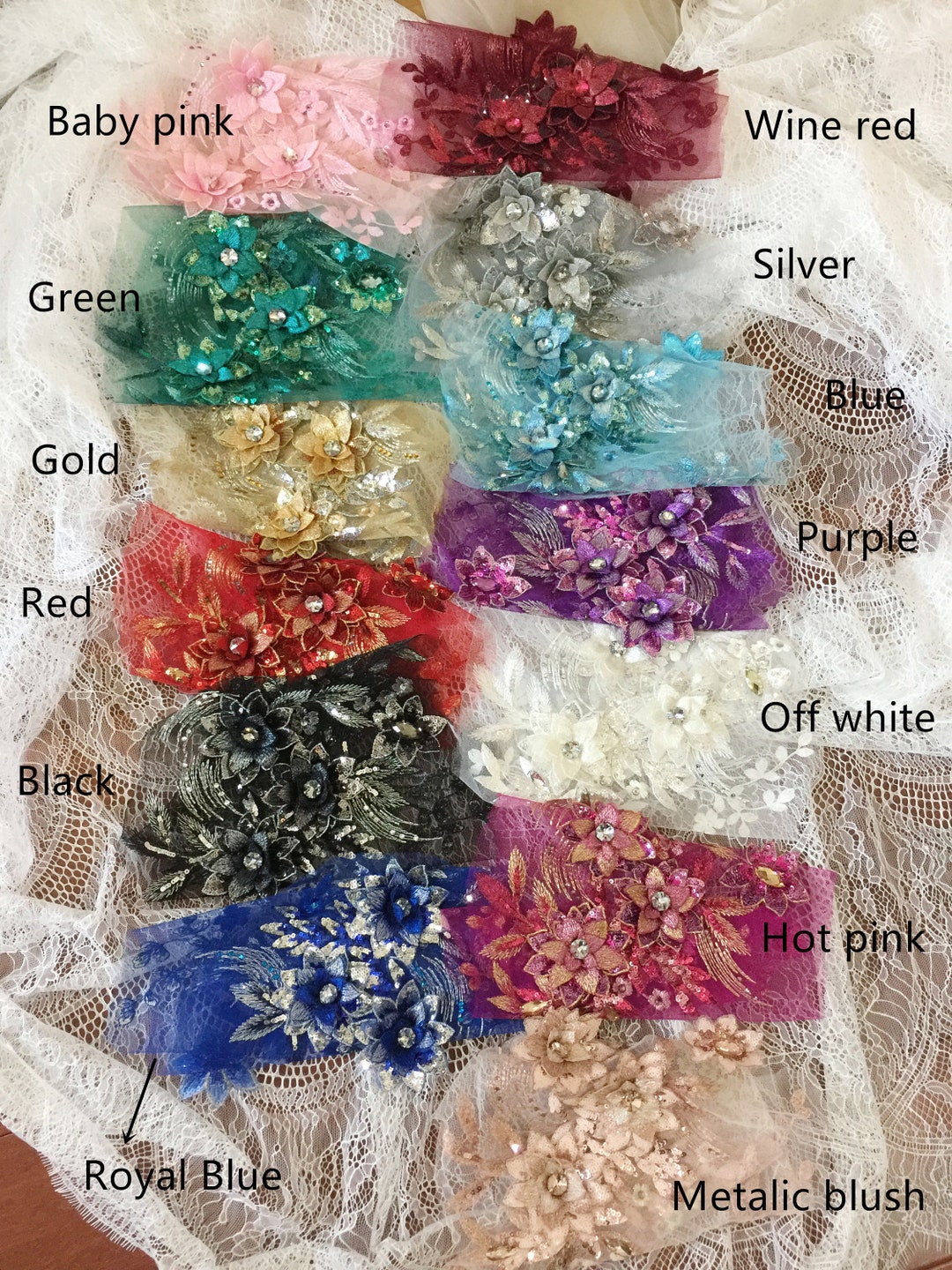 13 Colors Delicate 3D Rhinestone Beaded Flower Lace Applique in Metlic ...