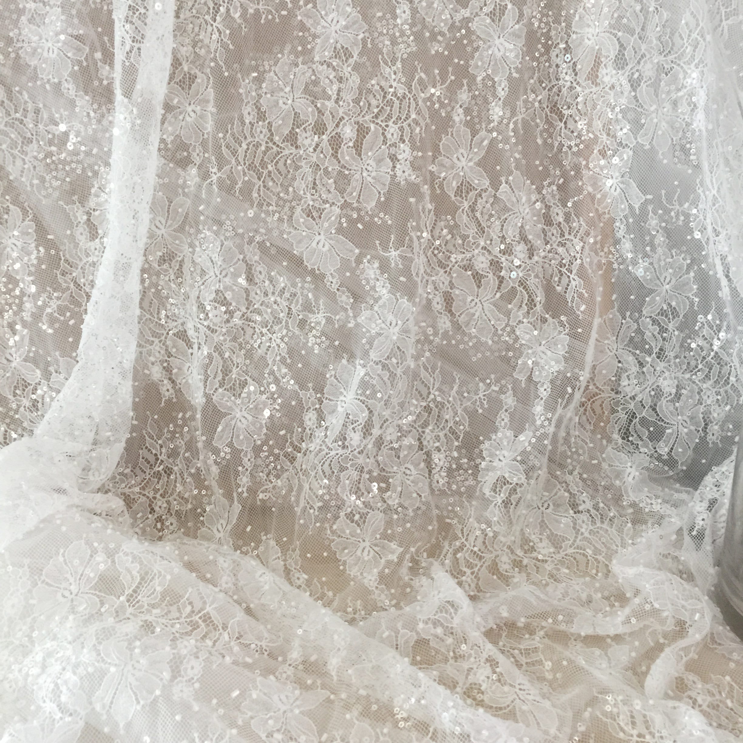 3D Beaded French Chantilly Lace Fabric Ivory Sequin Floral | Etsy