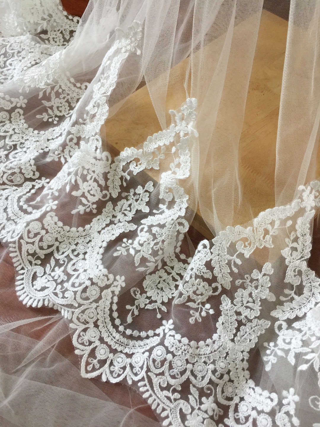 Ivory Alencon Lace Trim: Scalloped Floral Embroidery, Bridal Veil ...