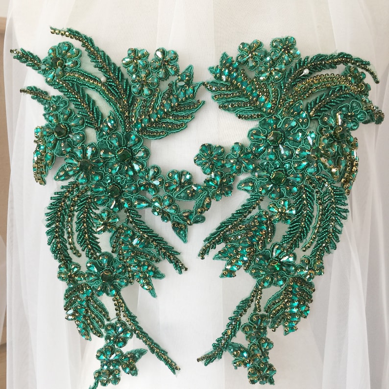 Emerald Green Rhinestone Beaded Lace Applique Pair Wedding | Etsy