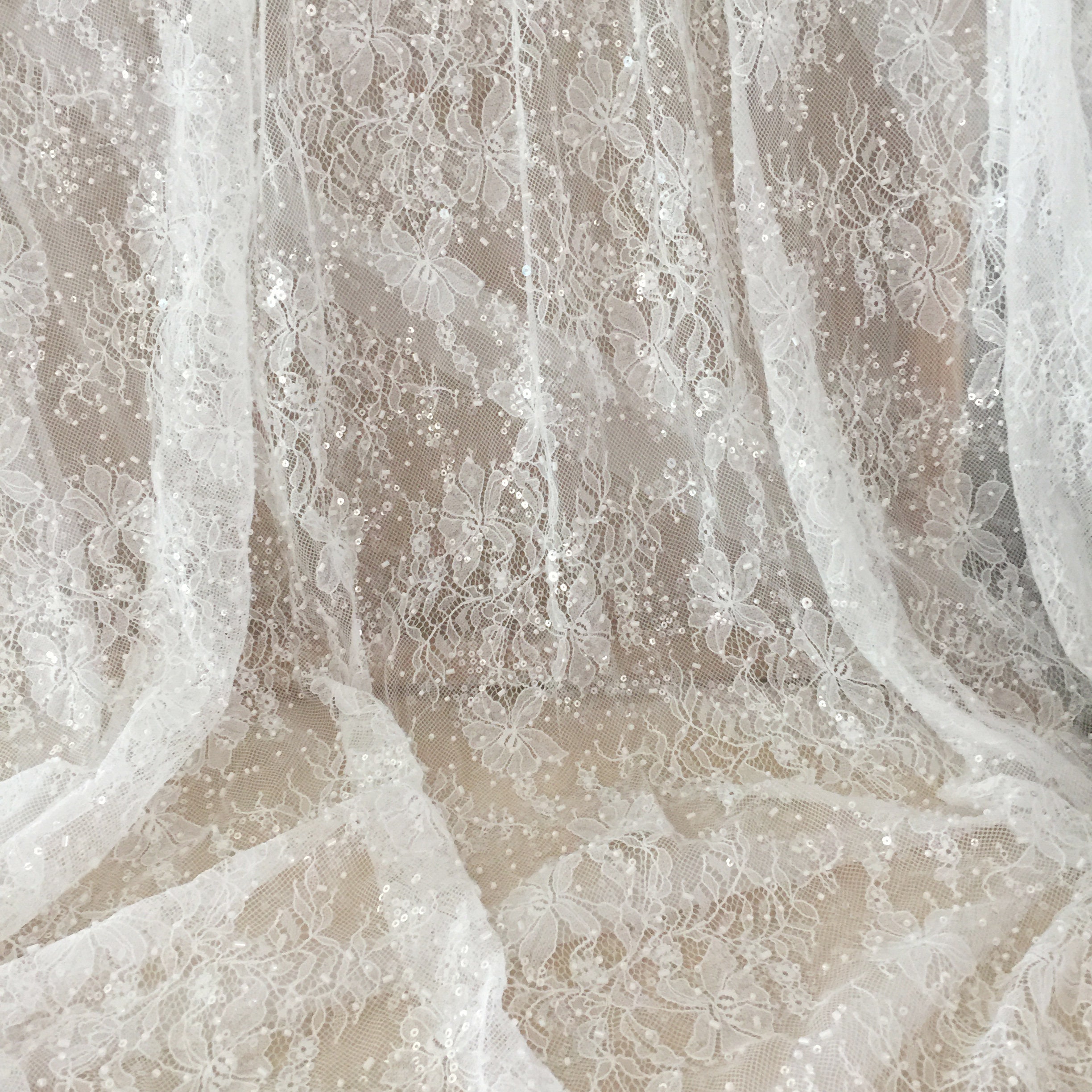3D Beaded French Chantilly Lace Fabric, Ivory Sequin Floral Embroidery ...