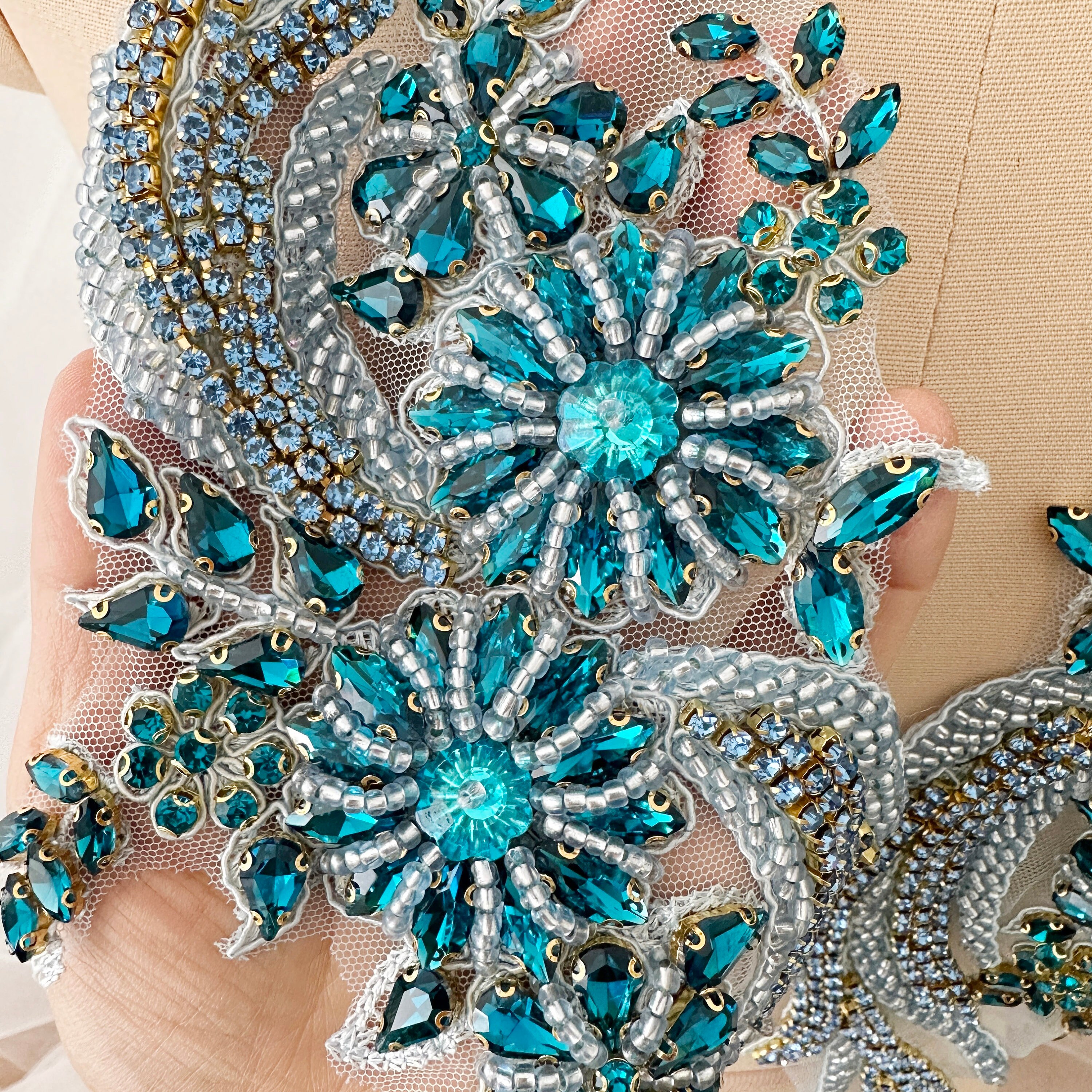 1 Pair Aqua Blue 3D Phoenix Rhinestone Applique Pair Crystal Beaded ...