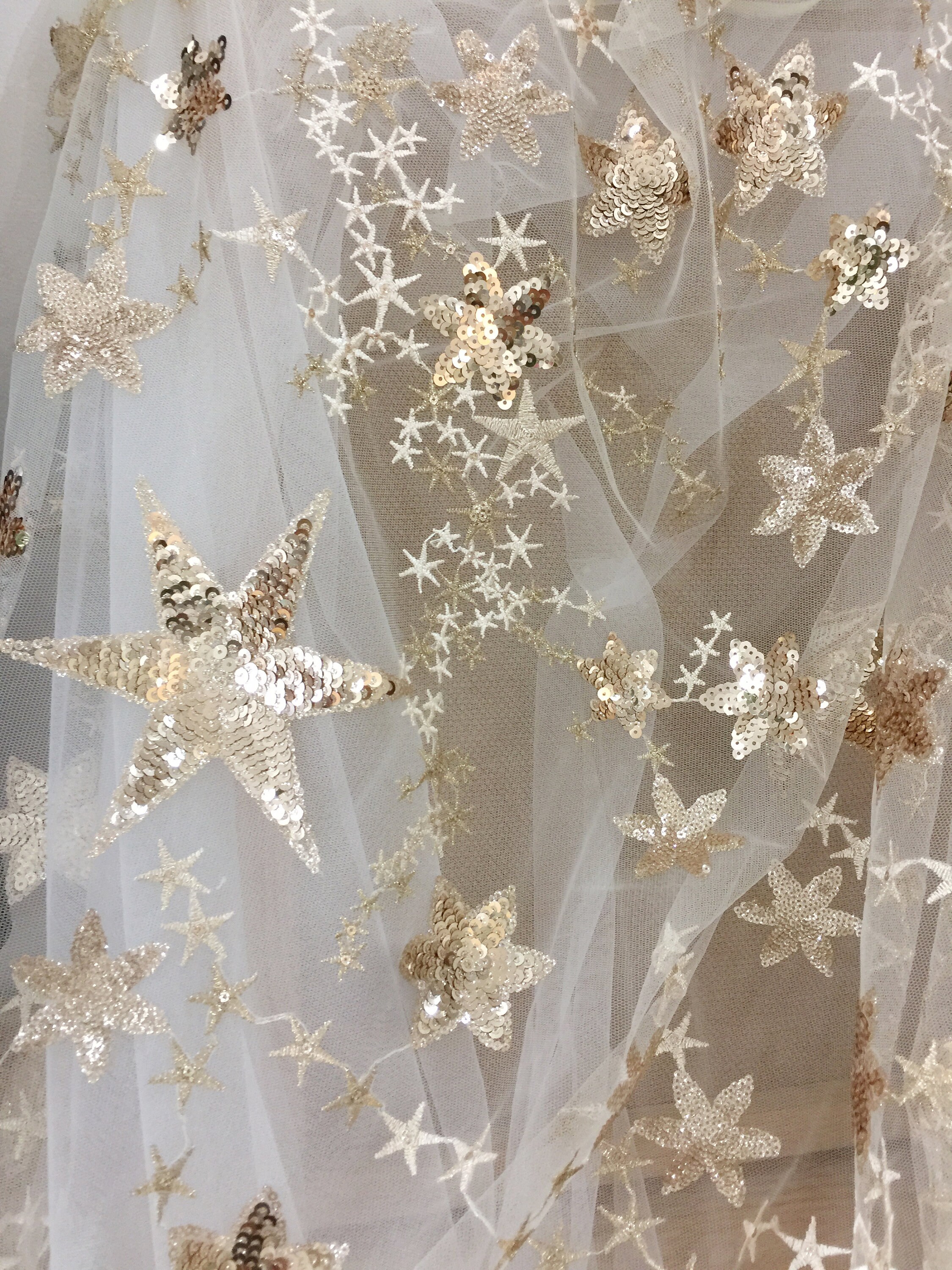Top Quality 3D Gold Sequin Star Embroidery Lace Fabric in Champagne ...