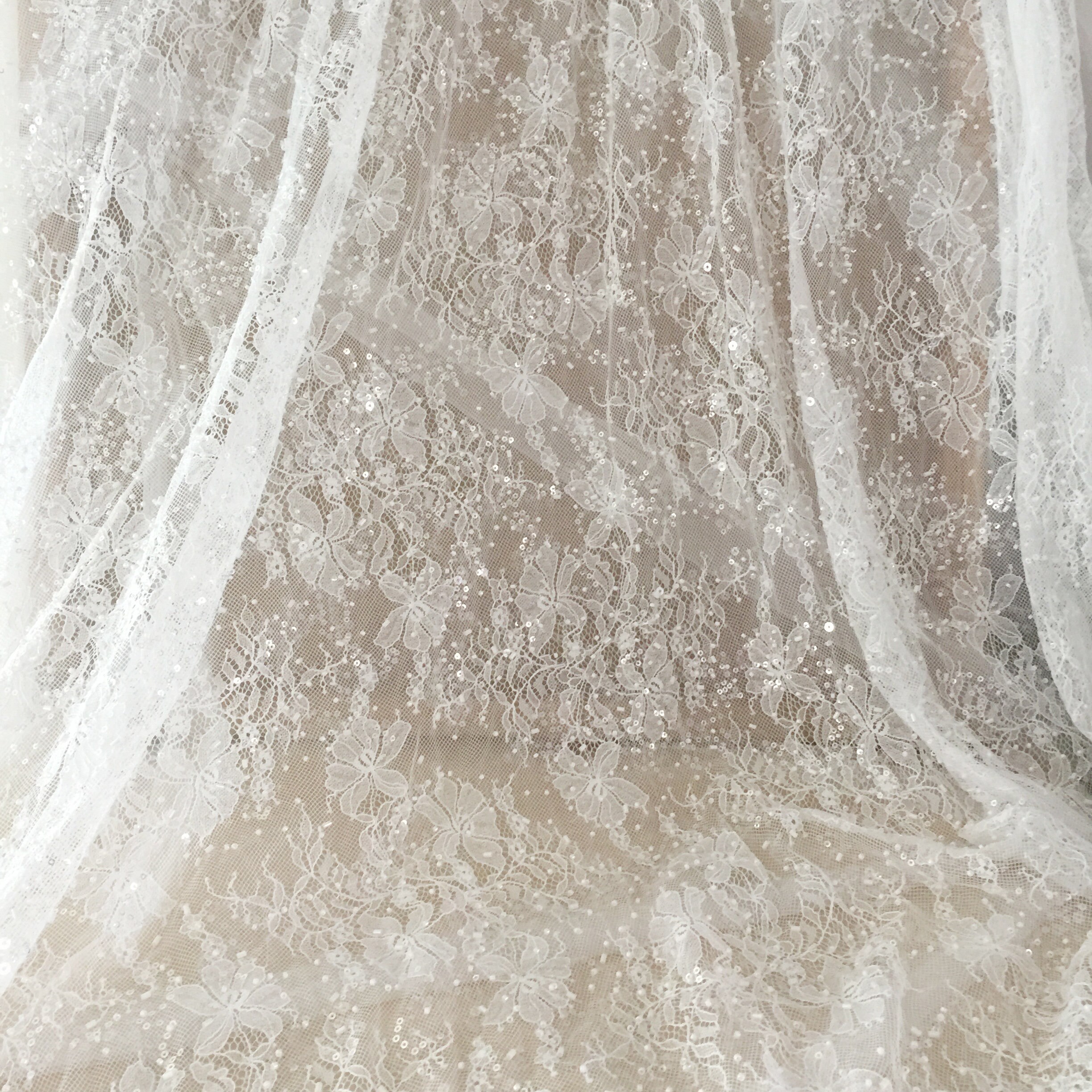 3D Beaded French Chantilly Lace Fabric, Ivory Sequin Floral Embroidery ...