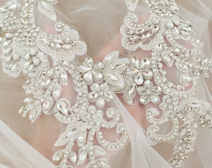 Quality Lace Fabric Rhinestone Applique Lace Trim by lacetime