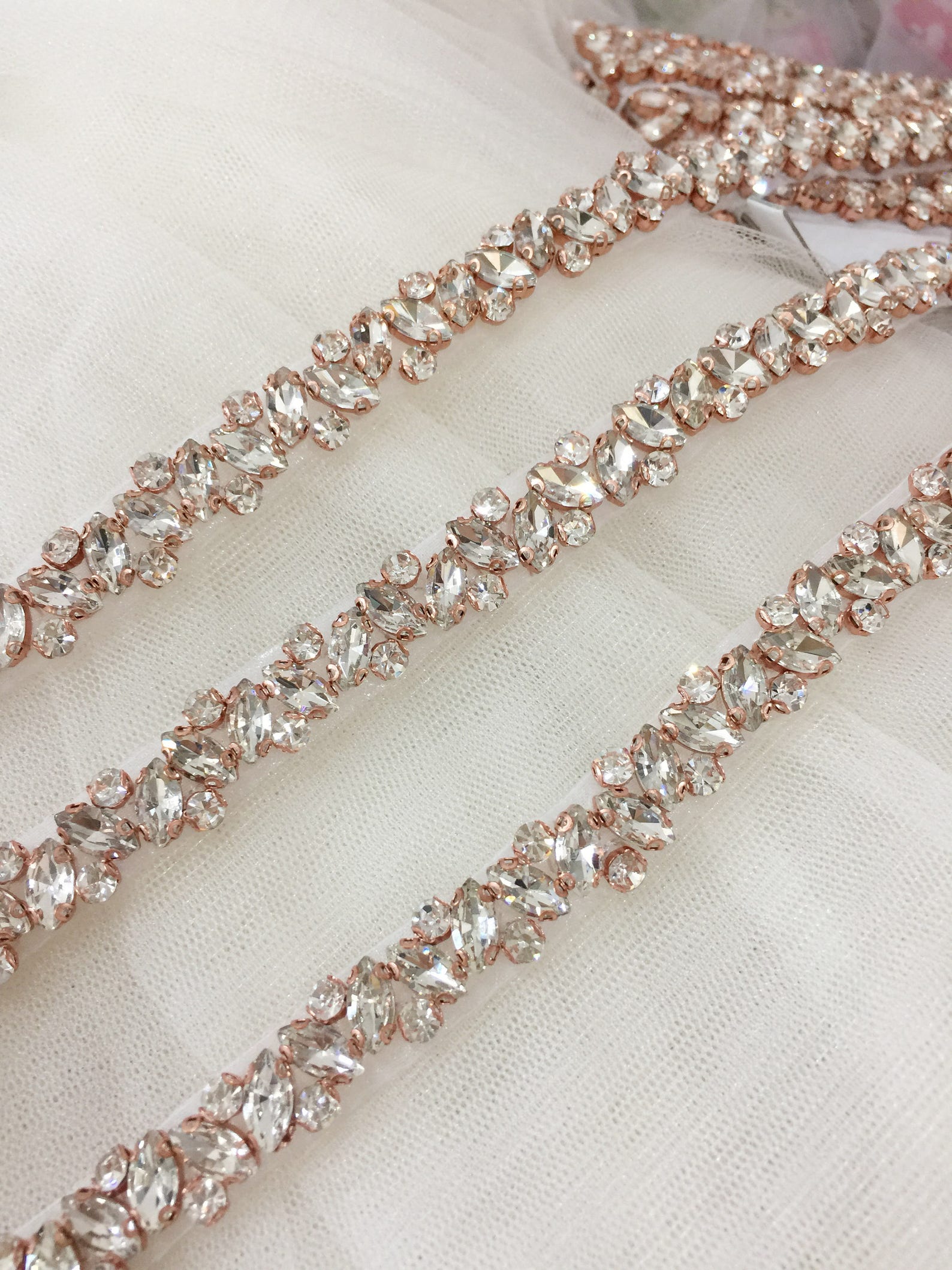 Rose Gold Thin Rhinestone and Crystal Beaded Lace Trim Wedding Belt ...