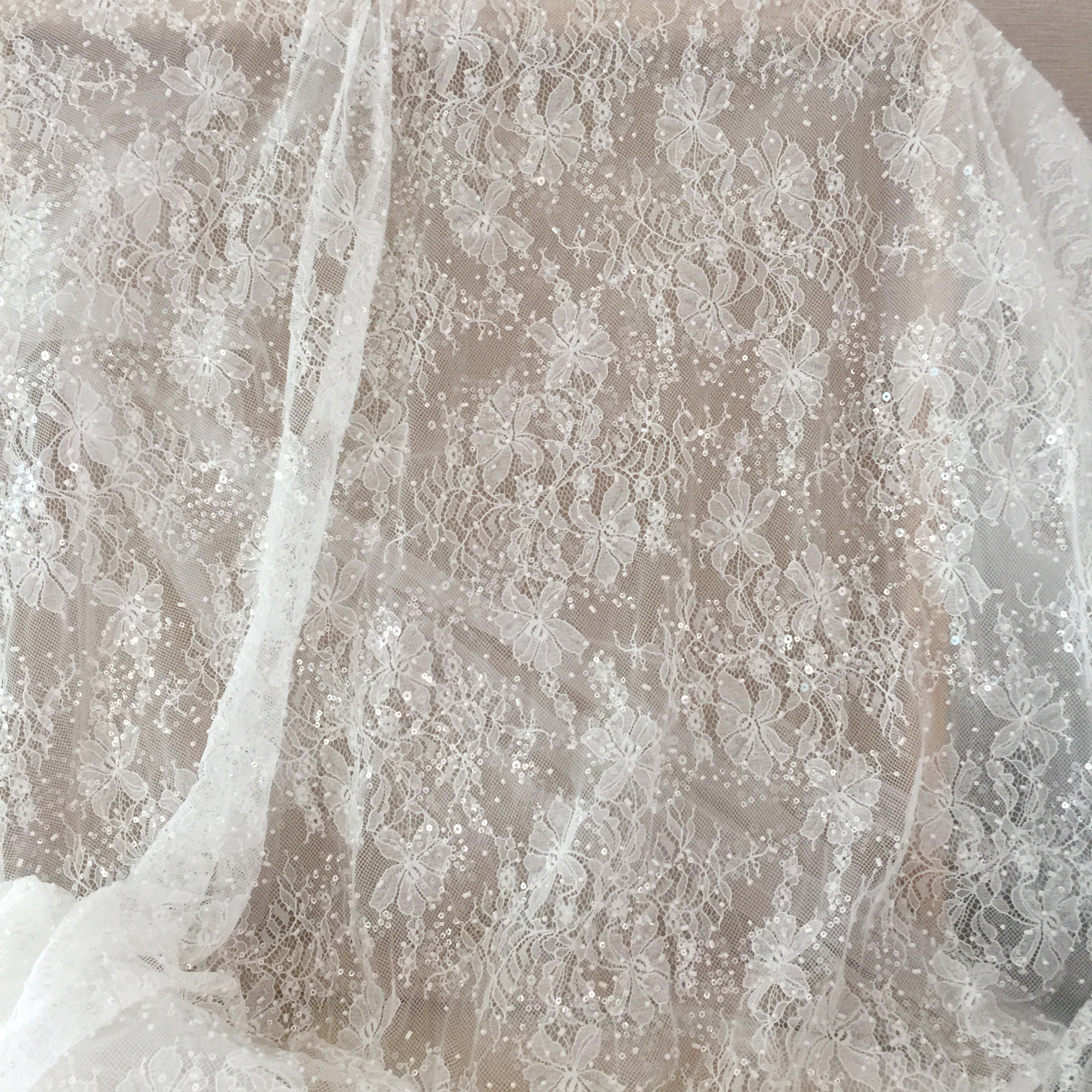 3D Beaded French Chantilly Lace Fabric Ivory Sequin Floral | Etsy
