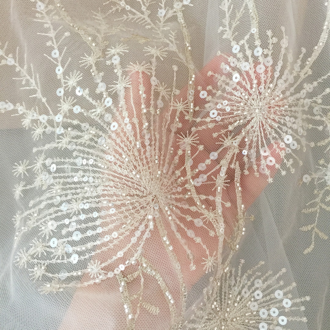 Quality 3D Beaded and Sequin Mesh Embroidery Lace Fabric With Dandelion ...