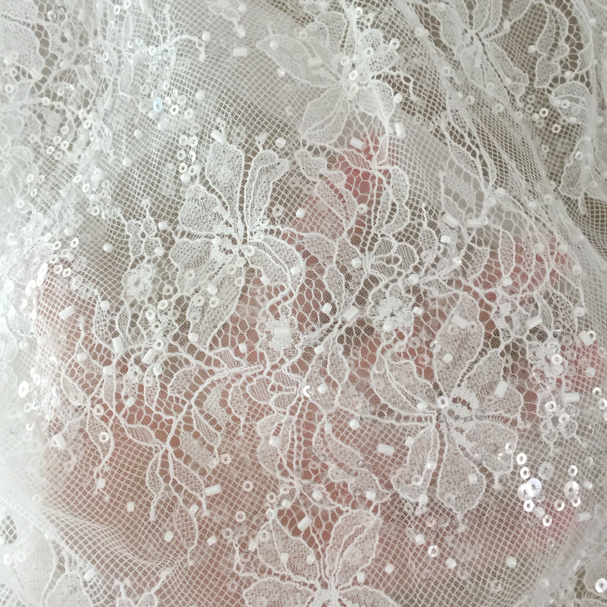 3D Beaded French Chantilly Lace Fabric, Ivory Sequin Floral Embroidery ...