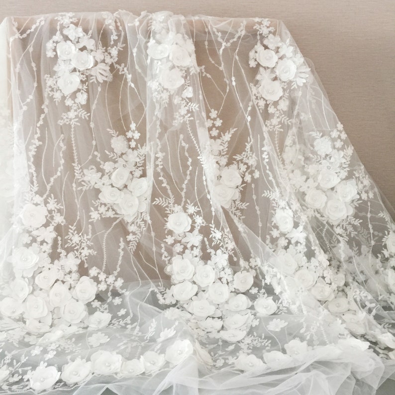 Ivory 3D Flower Lace Fabric, Beaded Embroidered French Lace - Etsy