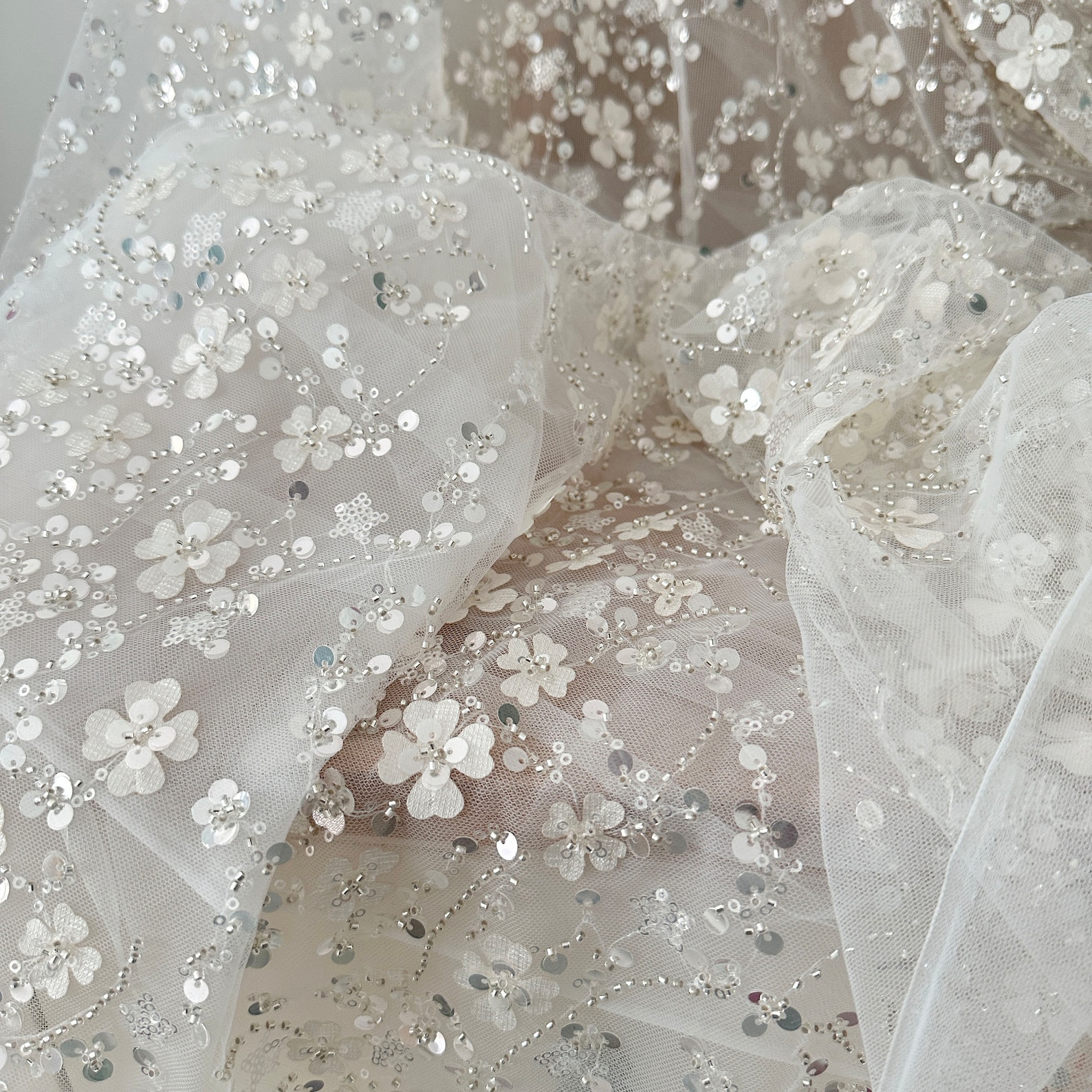 1 Yard 3D Silver Beads Lace Fabric Champagne Flower Blossom Embroidery ...