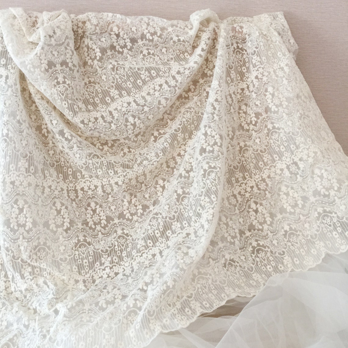 Vintage Style Double Scallop Cotton Lace Fabric in Beige, French Tulle ...