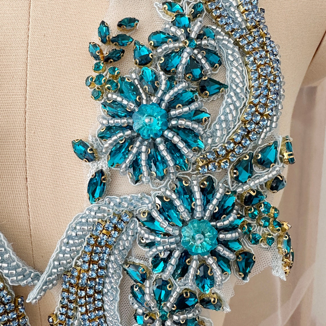 1 Pair Aqua Blue 3D Phoenix Rhinestone Applique Pair Crystal Beaded ...