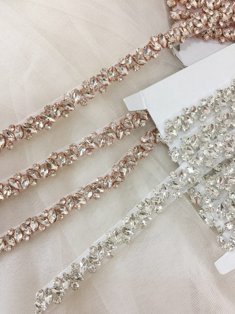 Rose Gold Thin Rhinestone and Crystal Beaded Lace Trim Wedding Belt ...