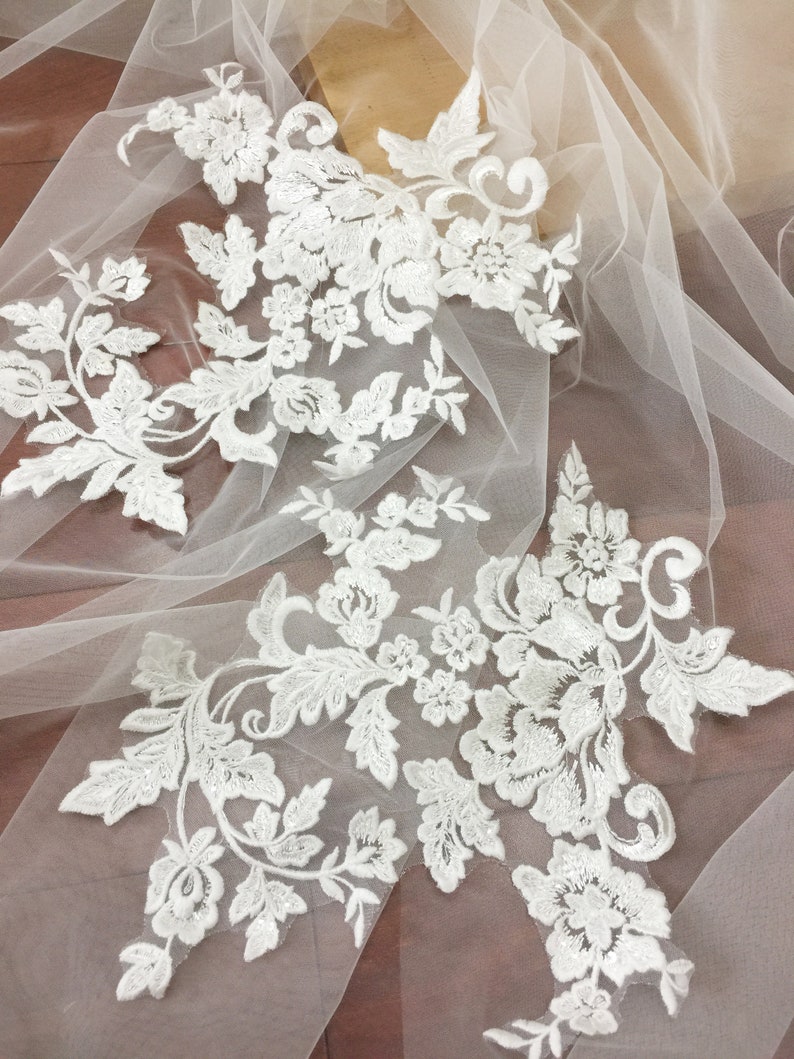 TRANSLUCENT Sequin Cottom Embroidery Lace Applique Pair in off | Etsy