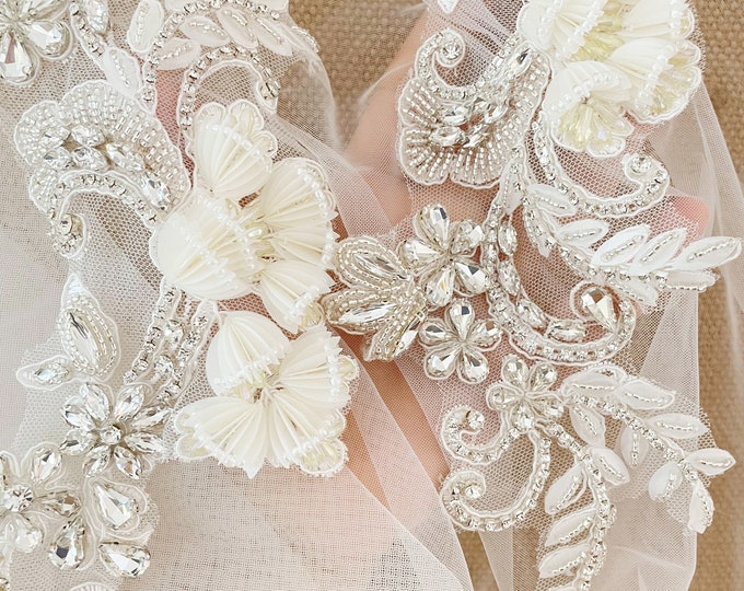 Quality Lace Fabric Rhinestone Applique Lace Trim by lacetime