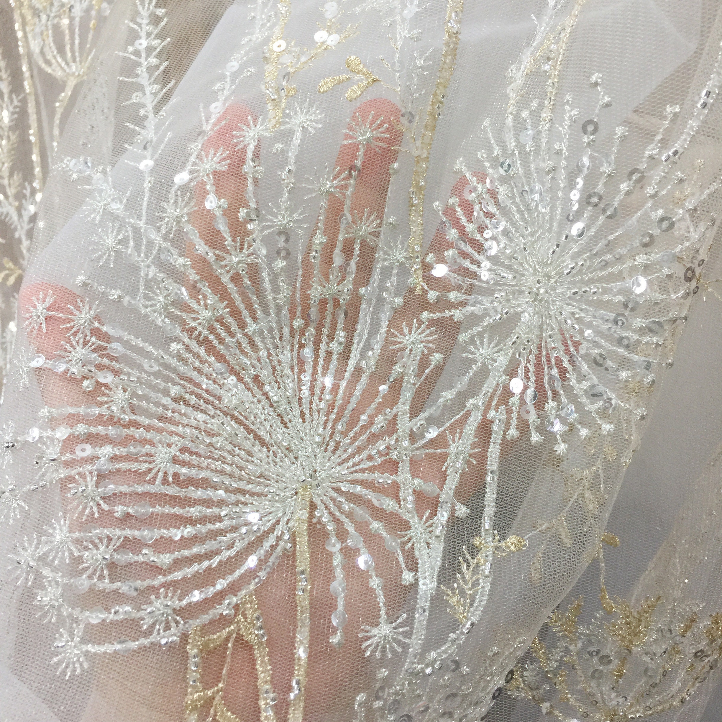 Quality 3D Beaded and Sequin Mesh Embroidery Lace Fabric With Dandelion ...