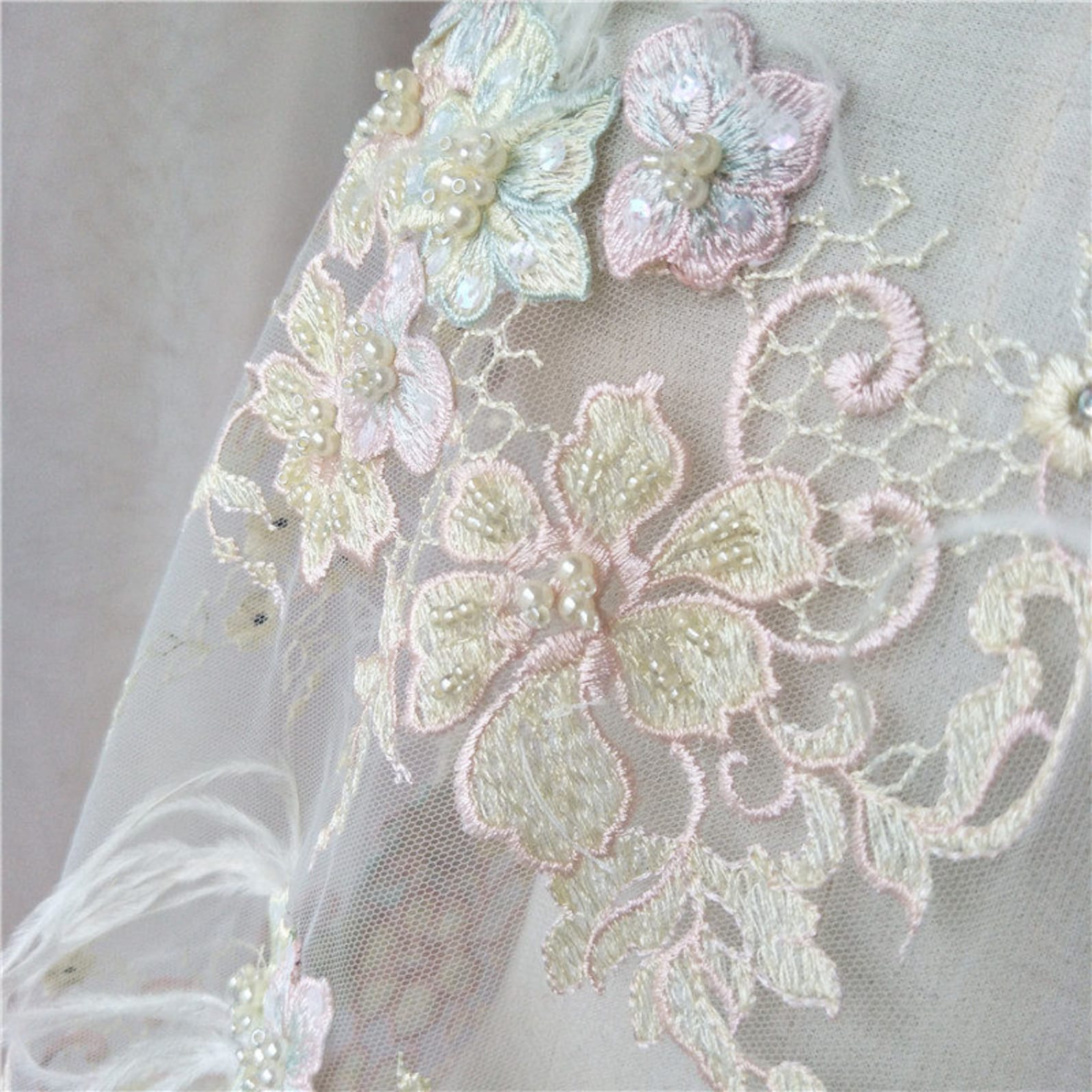 Luxury 3D Pearl Beaded Lace Fabric with Feather and Pastel | Etsy