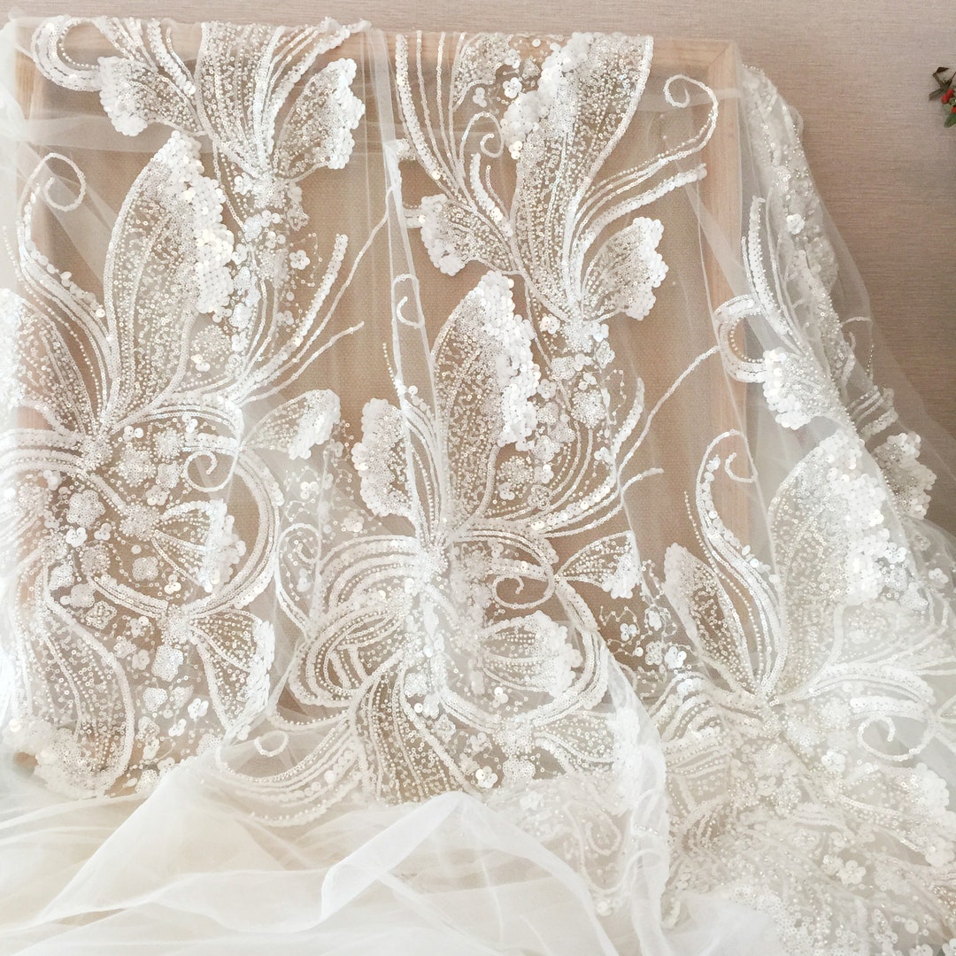 3D Beaded Geometric Couture Lace Fabric With Stripe Design Tulle ...