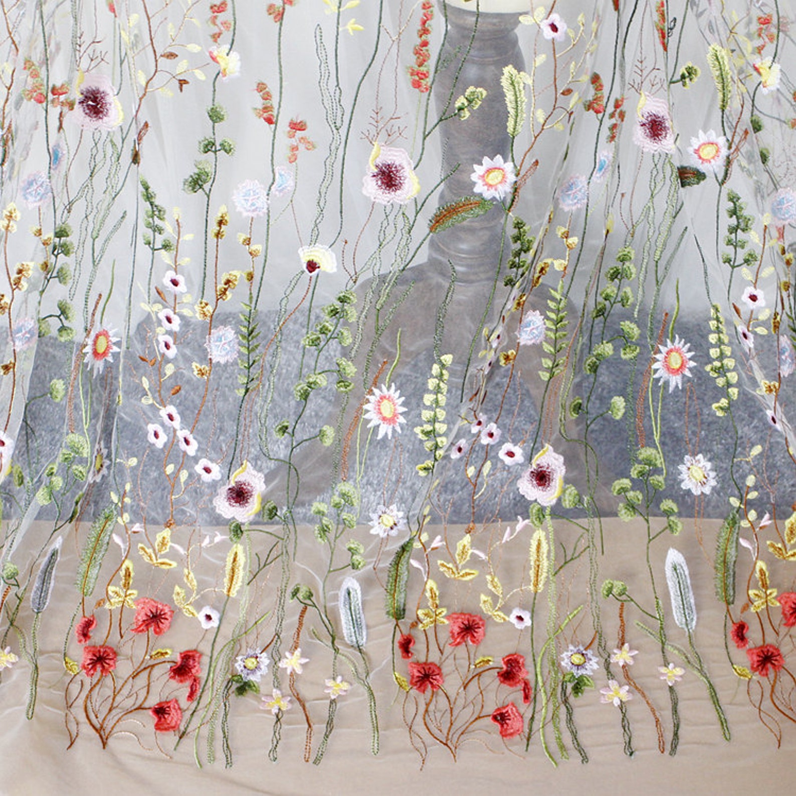 SALE 1 Yard Delicate Floral Embroidery Lace Fabric with | Etsy