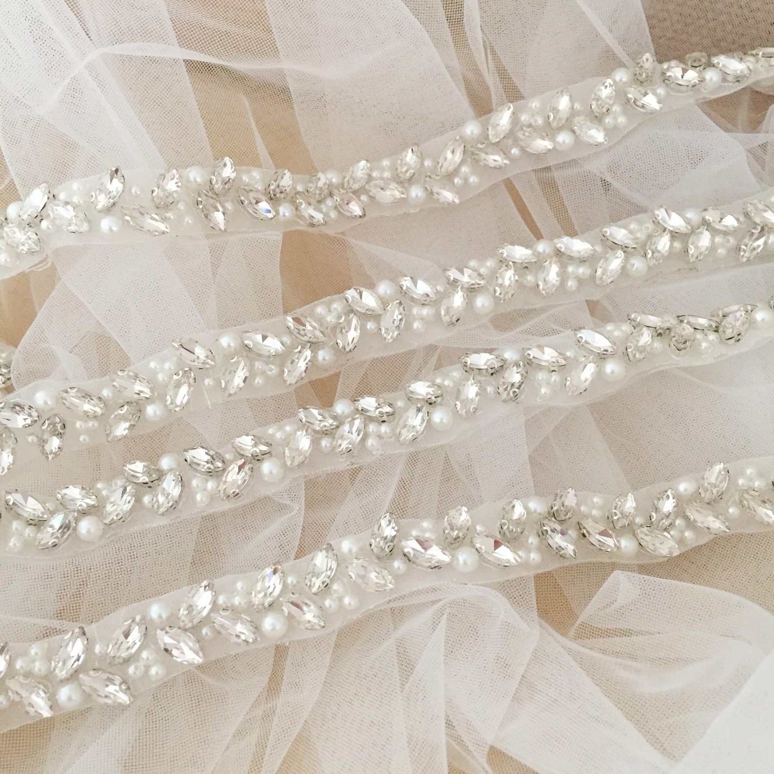 Slim and Thin Rhinestone Pearl Beaded Lace Trim for Bridal - Etsy