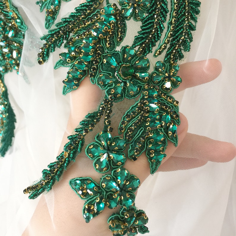 Emerald Green Rhinestone Beaded Lace Applique Pair Wedding | Etsy