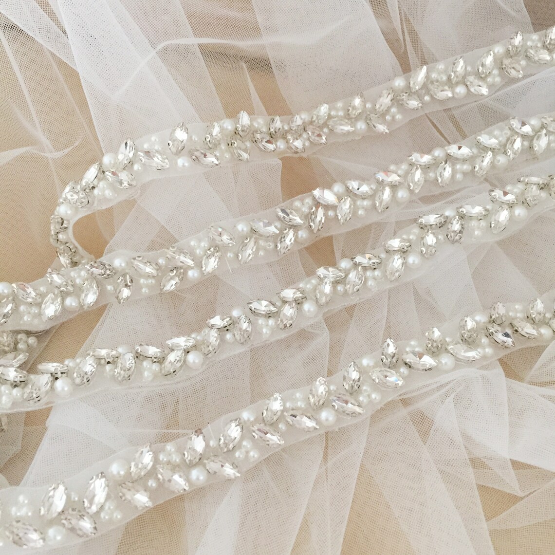 Slim and Thin Rhinestone Pearl Beaded Lace Trim for Bridal - Etsy