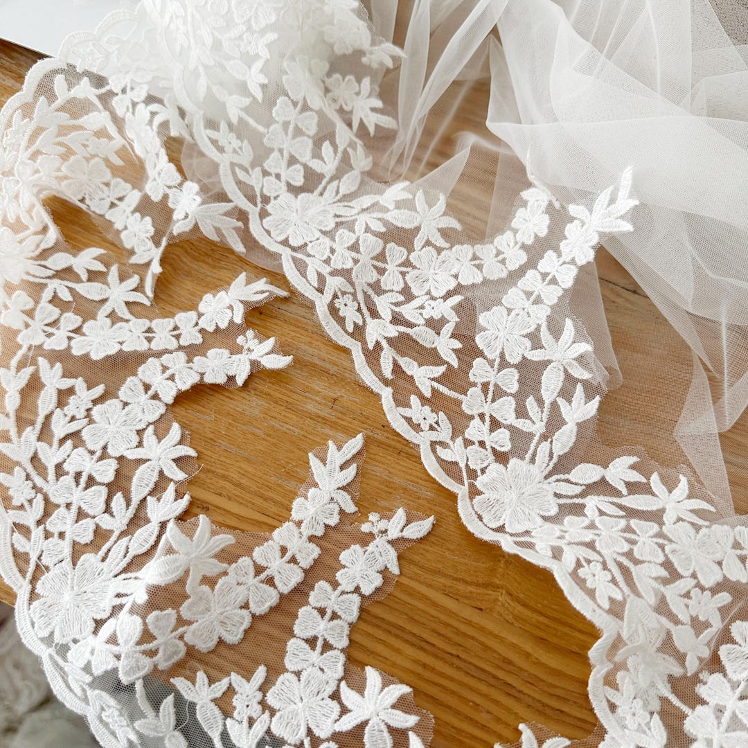 1 Yard Delicate Bridal Veil Lace Trim , Floral Embroidery Scallop Trim ...