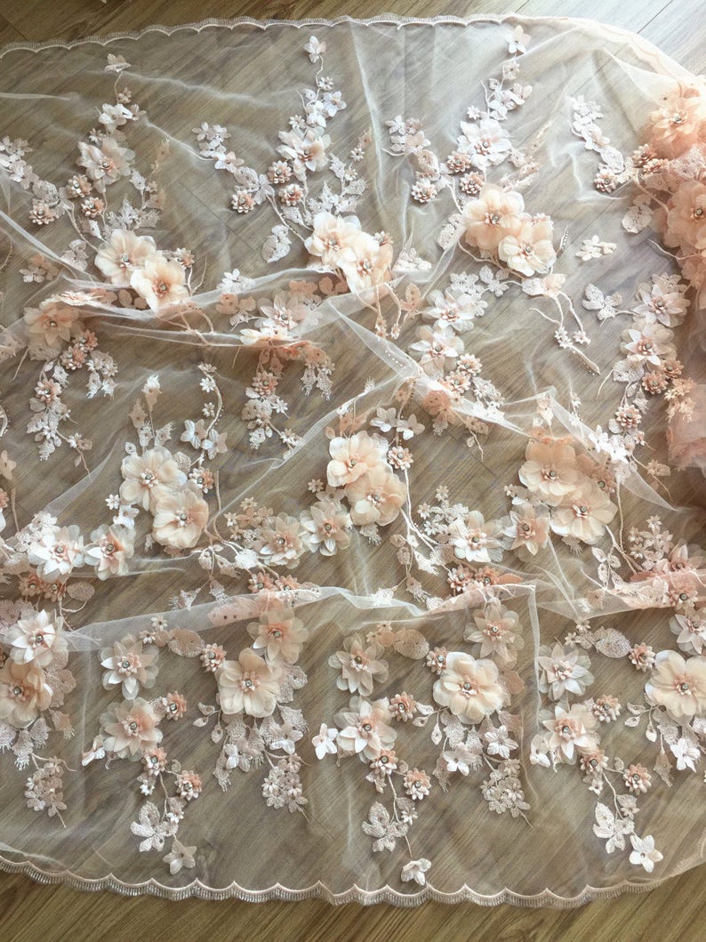 Peach 3D Flower Lace Fabric: Embroidered Bridal Wedding Applique - Etsy