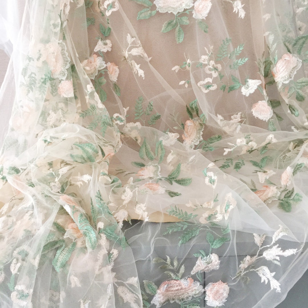 Floral Embroidery Tulle Lace Fabric With Light Green Peach Leaf Pattern ...