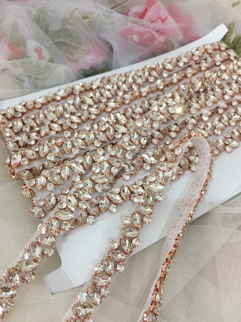 Rose Gold Thin Rhinestone and Crystal Beaded Lace Trim Wedding Belt ...