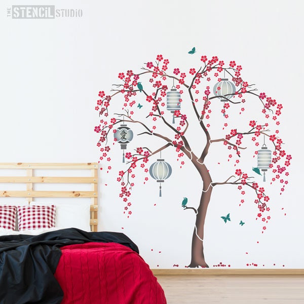 Japanese Cherry Blossom Sakura and Lanterns Tree Stencil Pack - Etsy Sweden