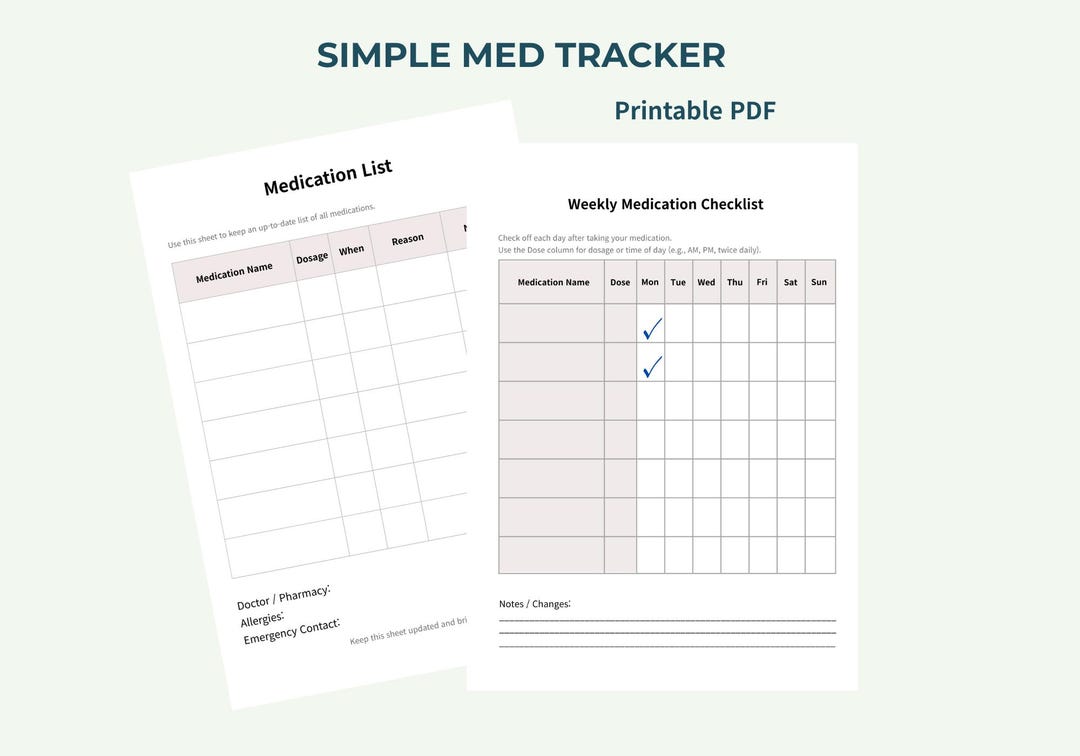 2-page Medication Checklist & List Printable | Easy Weekly Pill Tracker ...