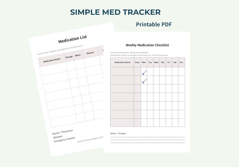 2-page Medication Checklist & List Printable | Easy Weekly Pill Tracker ...