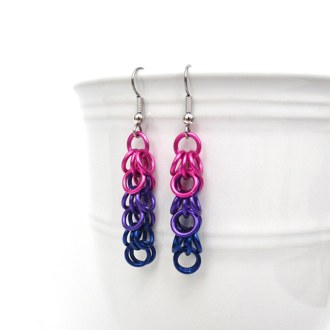 Bi Pride Chainmaille Earrings, Shaggy Loops Weave, Pink, Purple & Blue ...