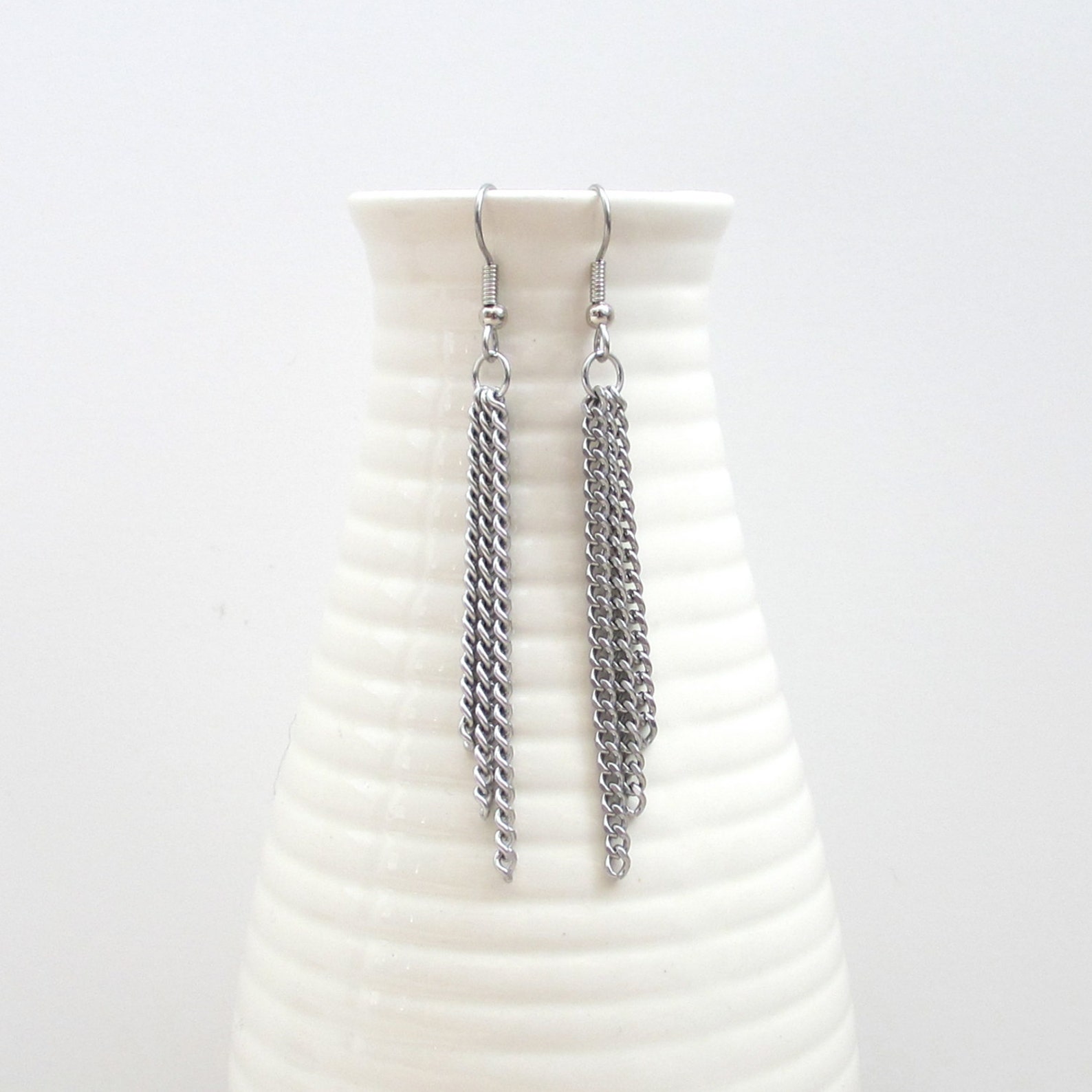 Stainless Steel Three Chain Earrings Dangle Earrings Curb - Etsy