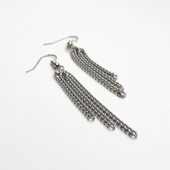 Stainless Steel Three Chain Earrings Dangle Earrings Curb | Etsy