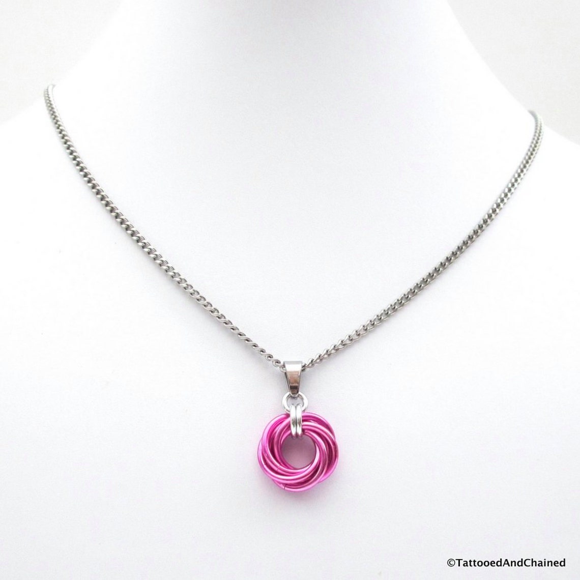 Hot Pink Pendant Necklace Chainmail Love Knot Dainty | Etsy
