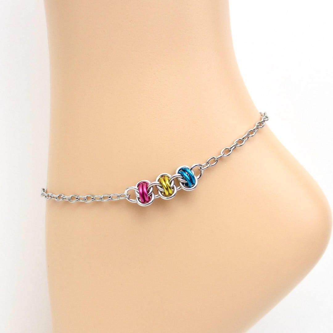 Pansexual Pride Anklet, Chainmail Barrel Weave, Subtle LGBTQIA Jewelry ...