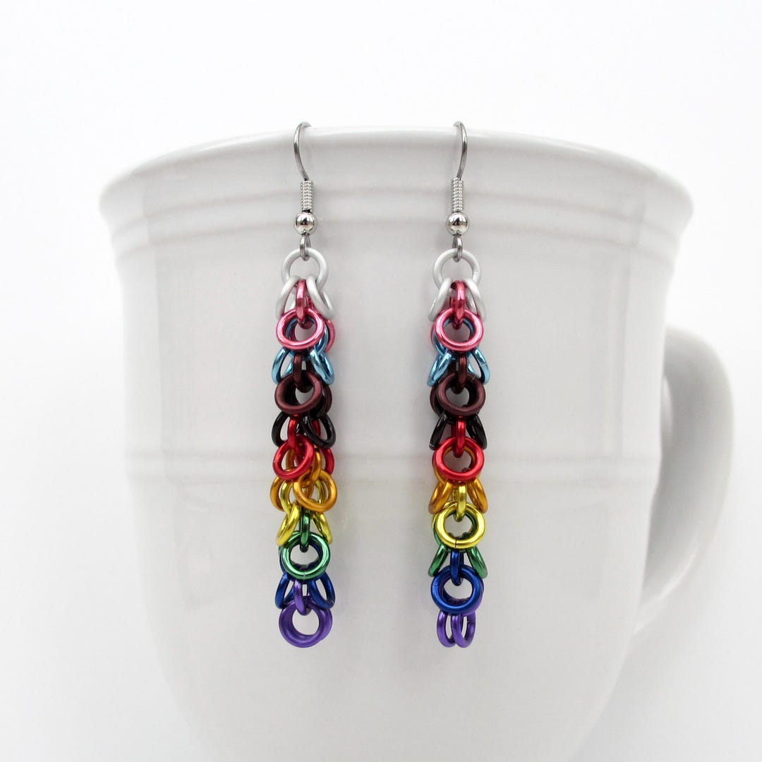Progress Pride Flag Earrings, Inclusive LGBTQIA Jewelry, Chainmail Shaggy Loops Weave - Etsy