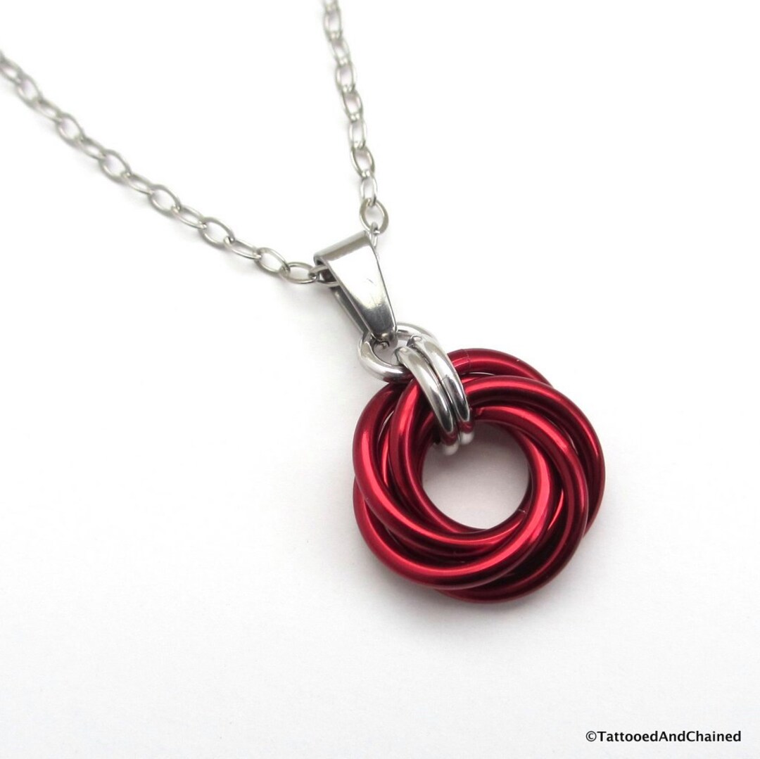 Red Pendant Necklace, Chainmail Love Knot Circle Pendant, Red Chainmail ...